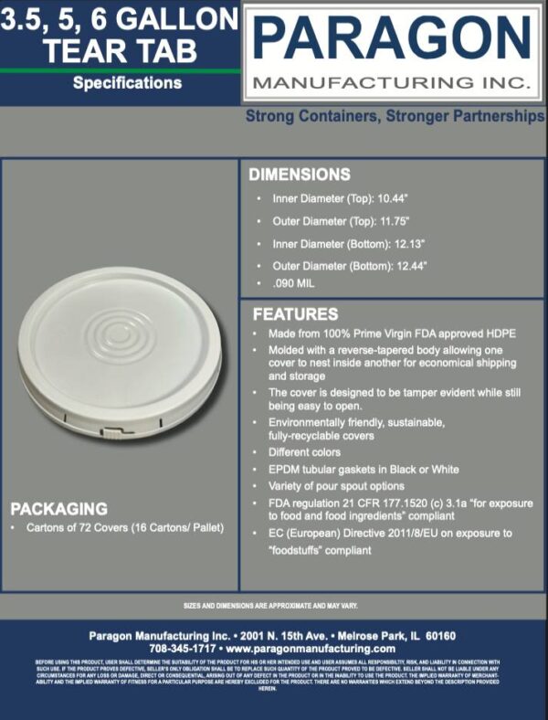 3.5, 5, 6 Gallon Tear Tab Cover - PARAGON Manufacturing Inc.